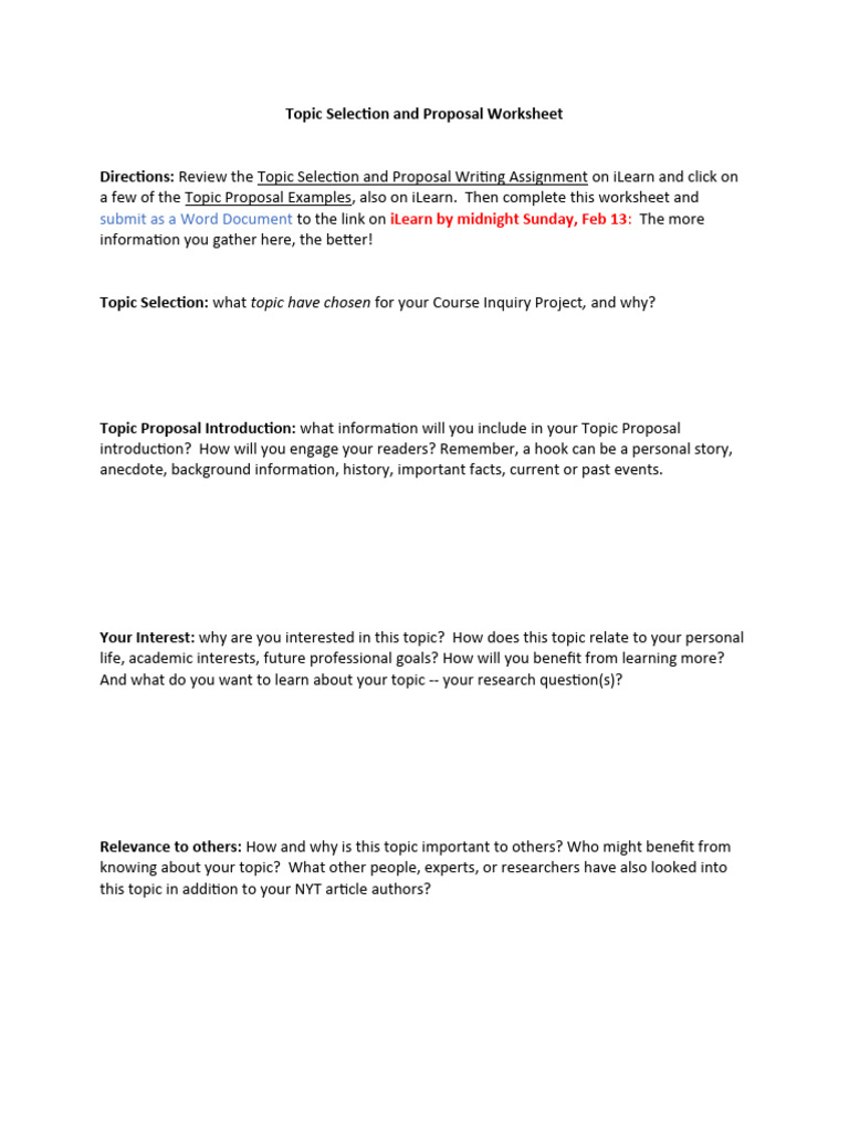 English 216-Topic Selection and Proposal Worksheet | PDF