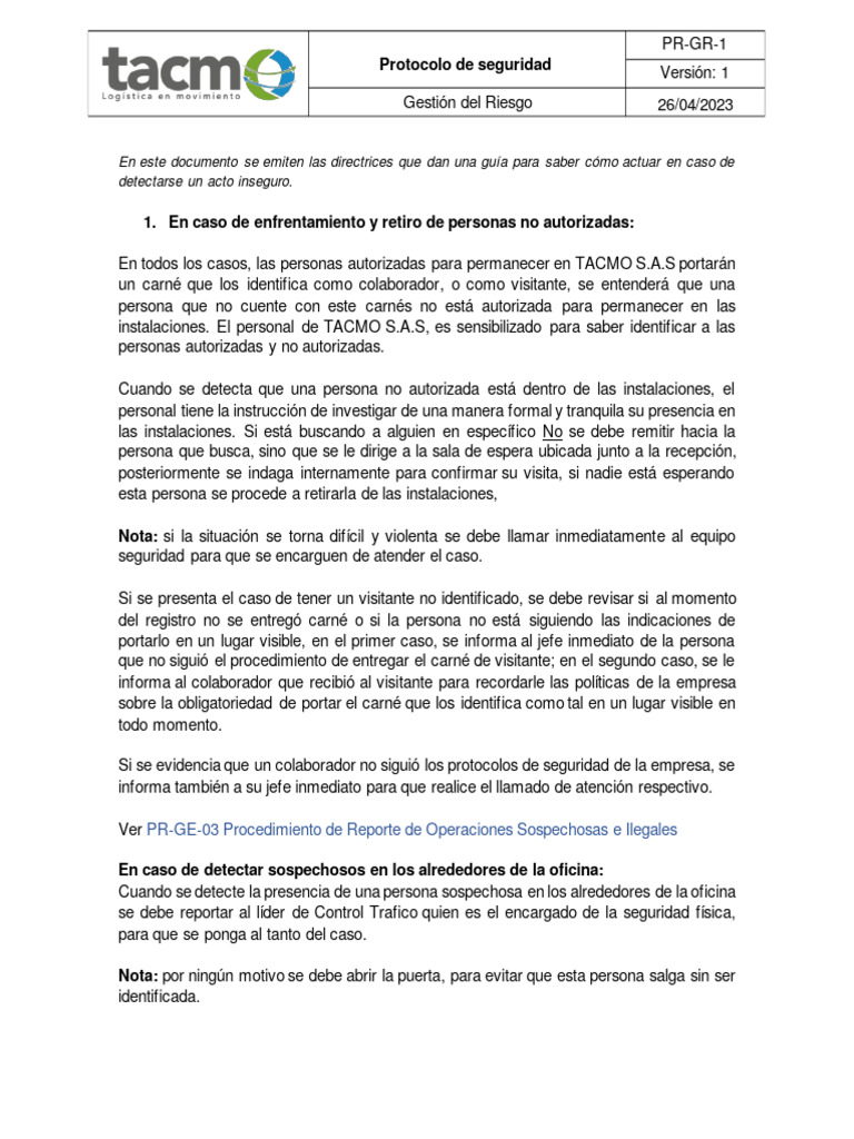Protocolo de Seguridad en TACMO S.A.S | PDF | Aeropuerto | Policía