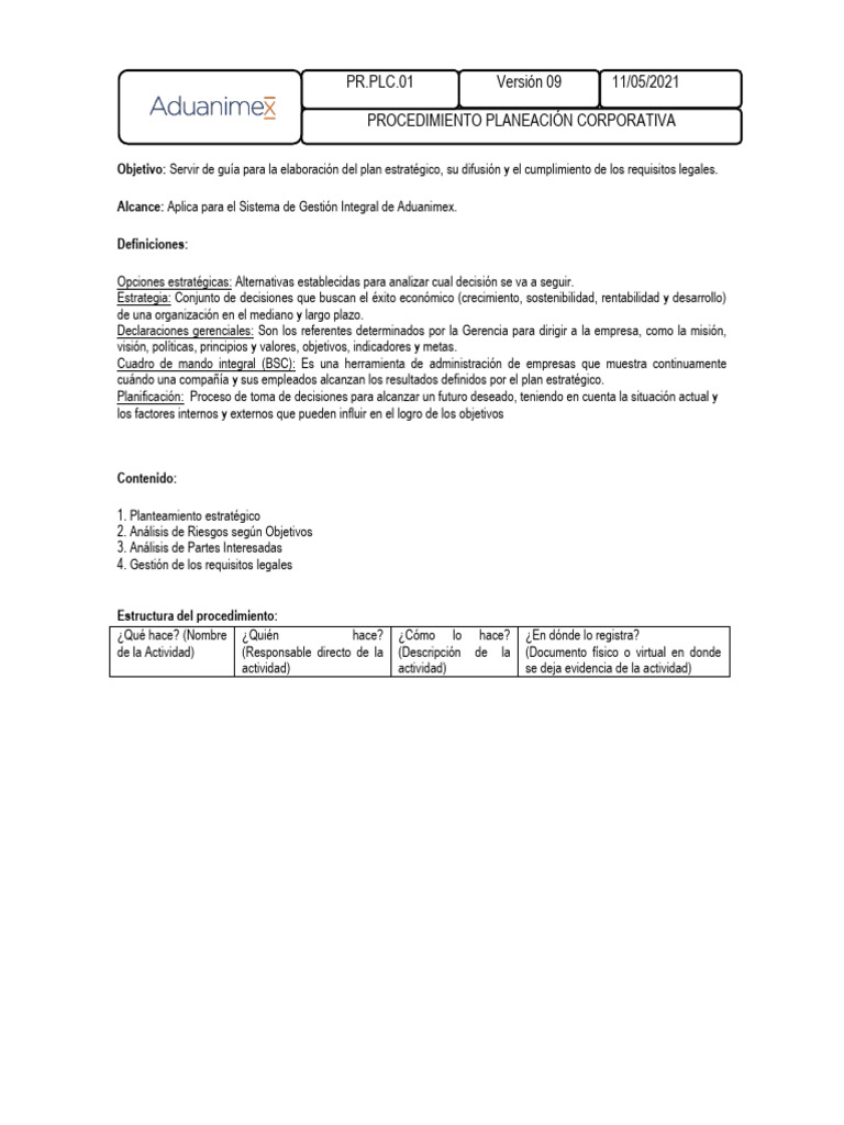 PR.PLC.01 Procedimiento Planeación Corporativa | PDF | Planificación | Planificación estratégica