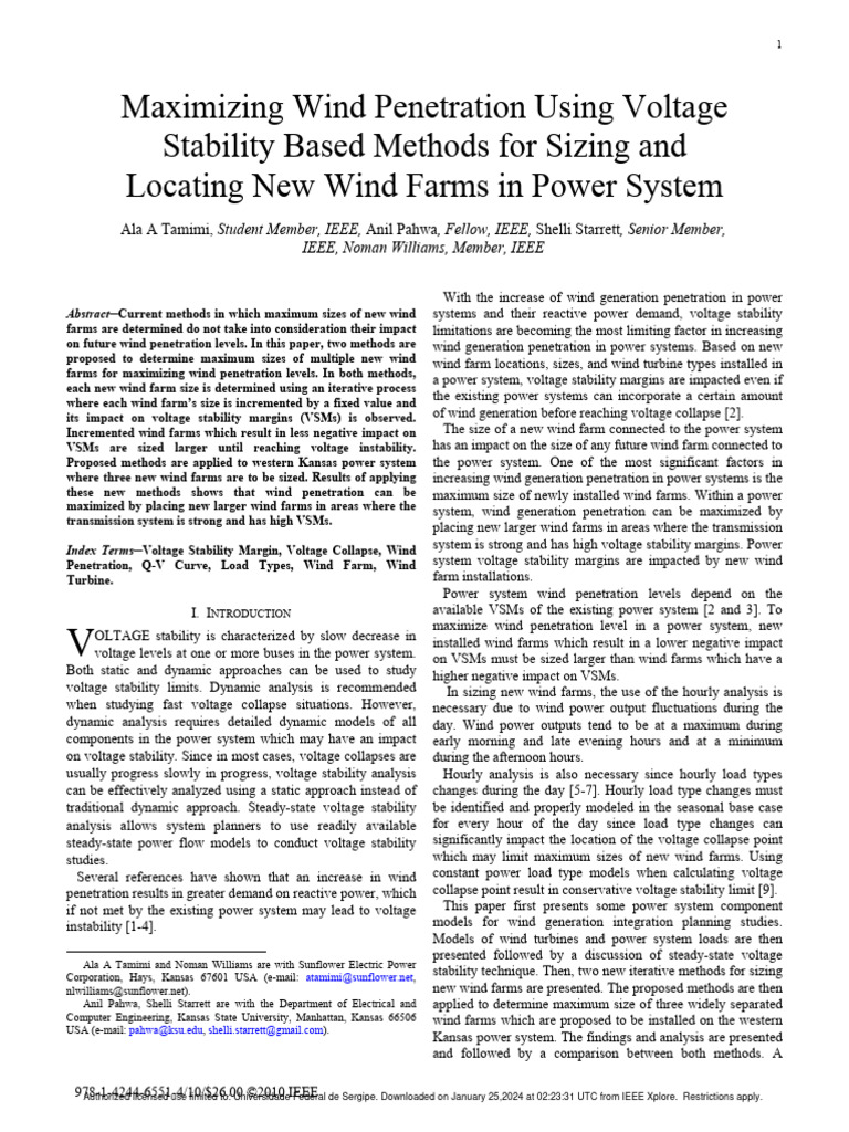 Maximizing Wind Penetration Using Voltage Stability Based Methods For Sizing and Locating New ...