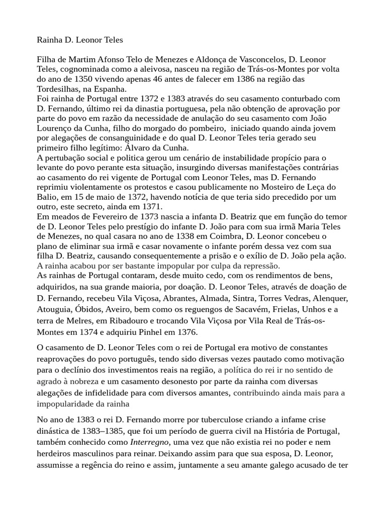 Biografia de D. Leonor Teles, Rainha de Portugal | PDF | Portugal