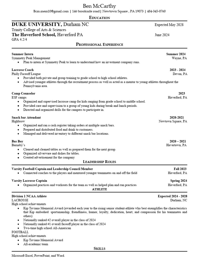 Mccarthy Resume | PDF | Sports