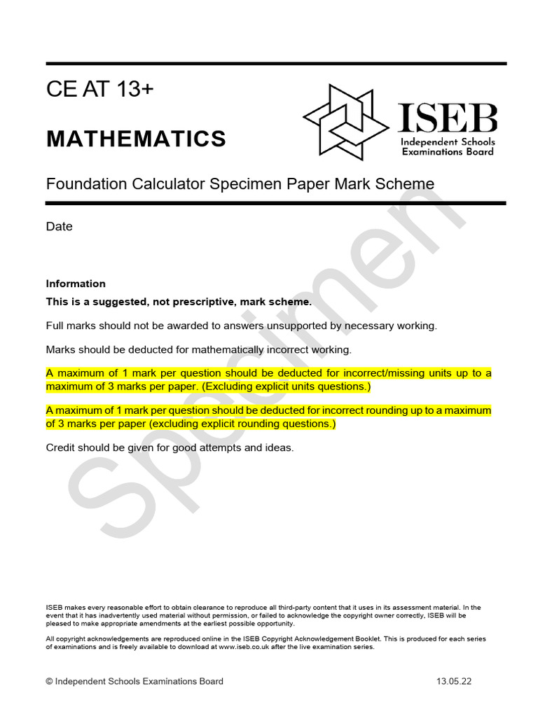 Specimen-CE-13-Mathematics-Foundation Calculator-Mark-Scheme-2022 | PDF