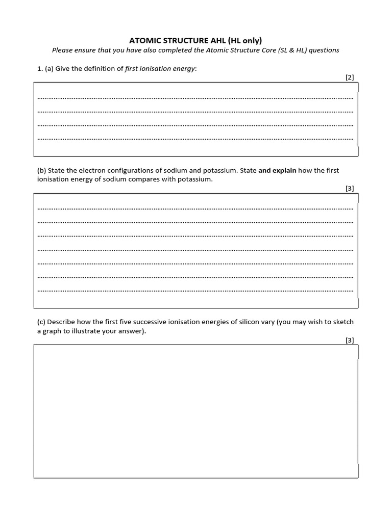 Atomic Structure Ahl Hlonly Questions 1 | PDF | Emission Spectrum ...