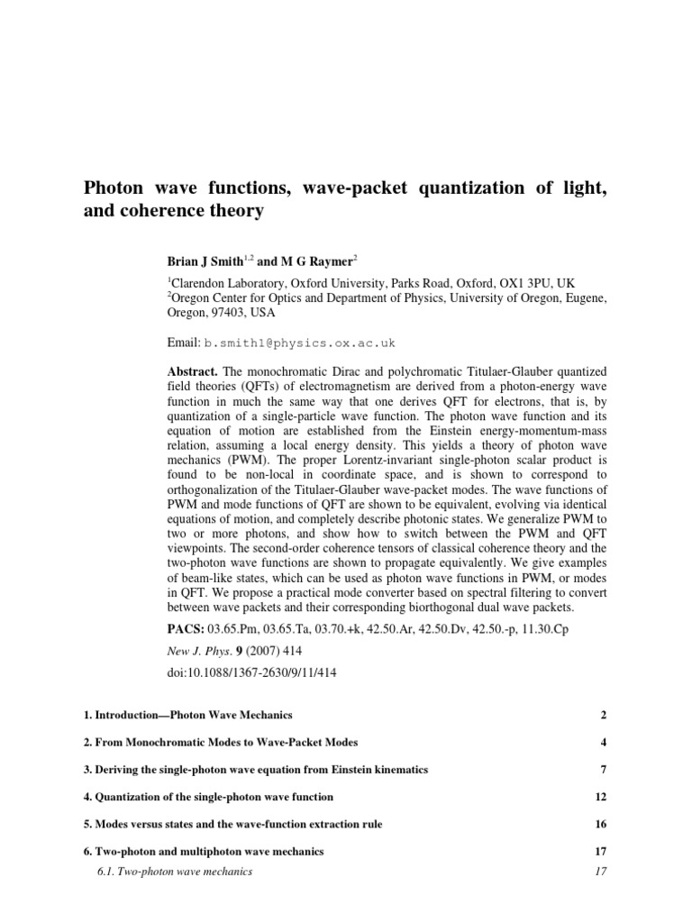 Photon Wave Packets-REVISED DEC ArXiv | PDF | Photon | Wave Function