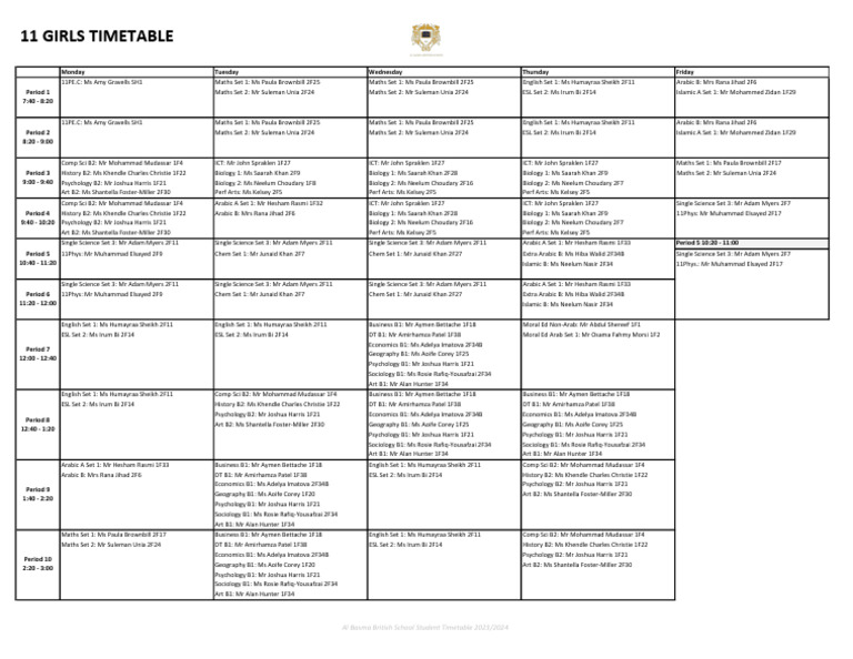 11 Girls Timetable 2 | PDF