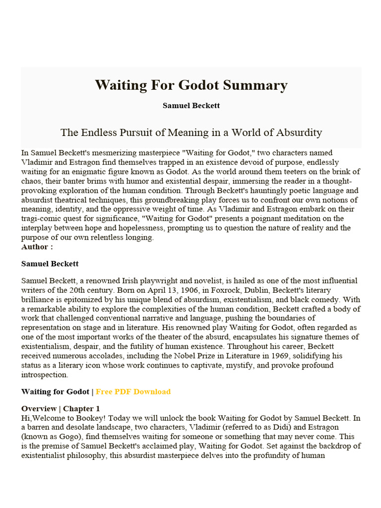 Waiting For Godot Summary | PDF | Existentialism | Samuel Beckett