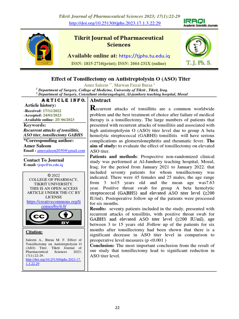 Tonsillectomy's Impact on ASO Titer | PDF | Diseases And Disorders ...