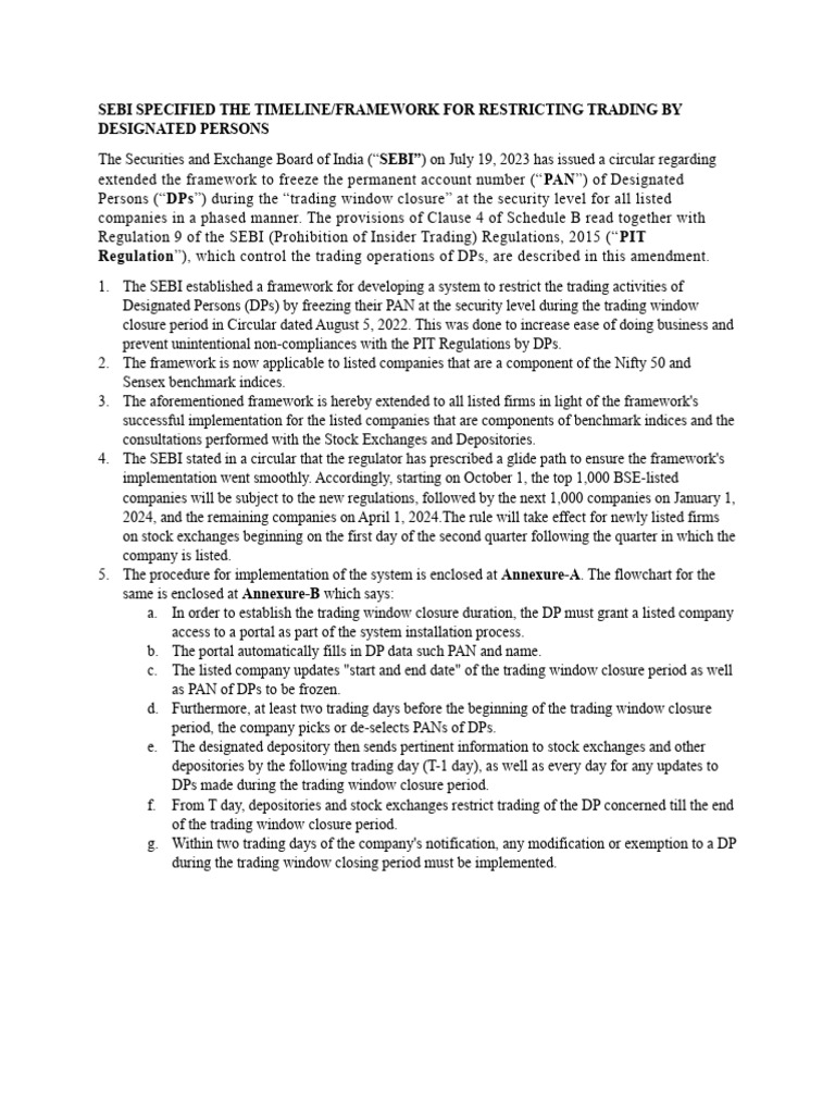 SEBI Circular On Trading Window Closure Period For Listed Companies ...