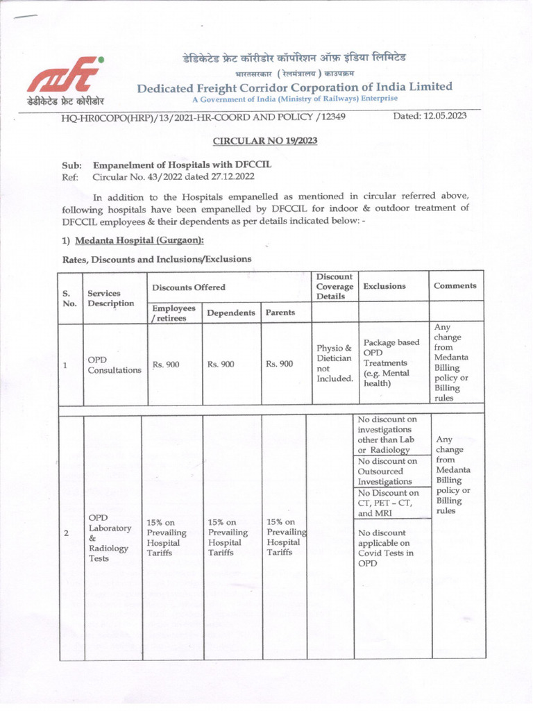 Circular No. 19 2023 Empanelment of Hospitals With DFCCIL 3KPX | PDF