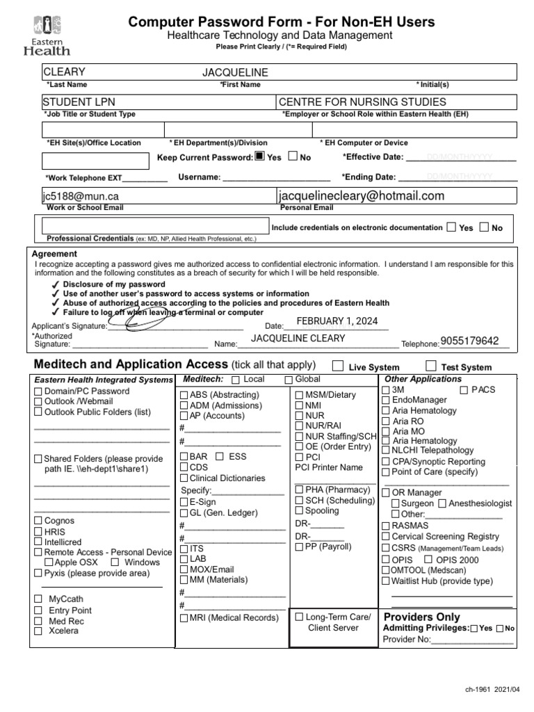 Ch-1961 HTDM Computer Password Form - For Non-EH Users Fillable AF | PDF | Password | User ...