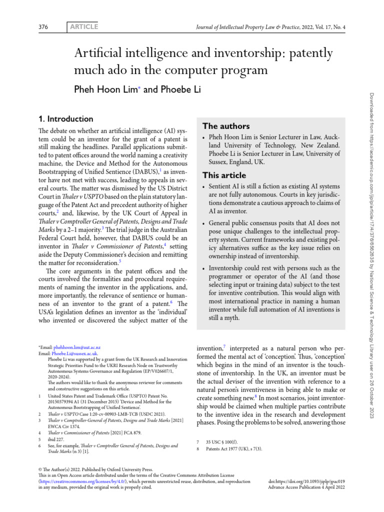 Artificial Intelligence and Inventorship Patently | PDF | Artificial ...