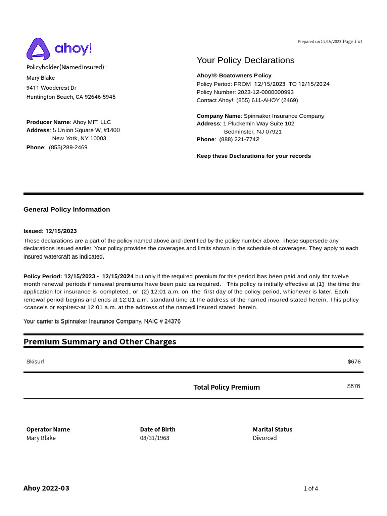 Policy Dec | PDF | Deductible | Insurance