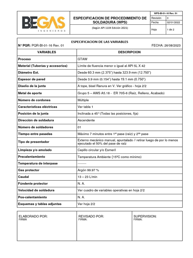 WPS-BI-01-16 Rev. 01 | PDF | Construcción | Soldadura