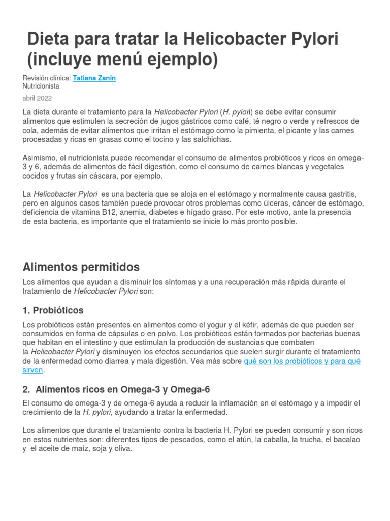 Dieta para Tratar La Helicobacter Pylori | PDF | Alimentos | Diarrea