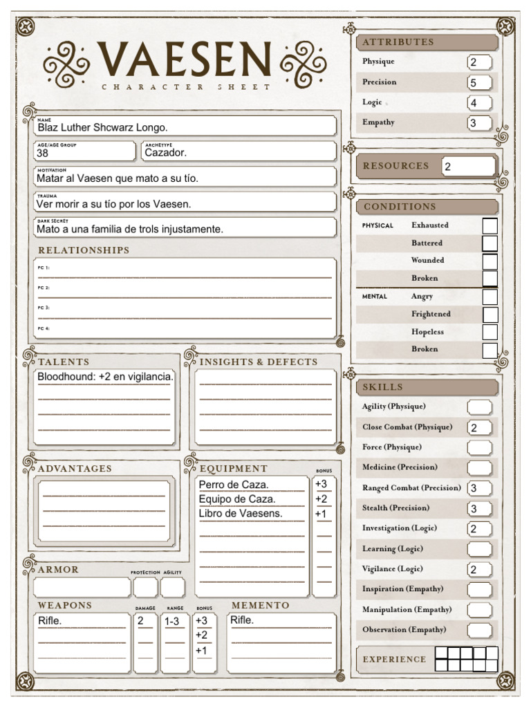 Vaesen Character Sheet Fillable PDF - Compress - 1 - 6 | PDF