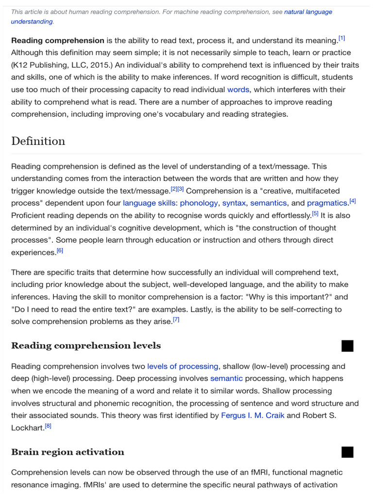 Reading Comprehension - Wikipedia | PDF | Reading Comprehension | Behavior Modification