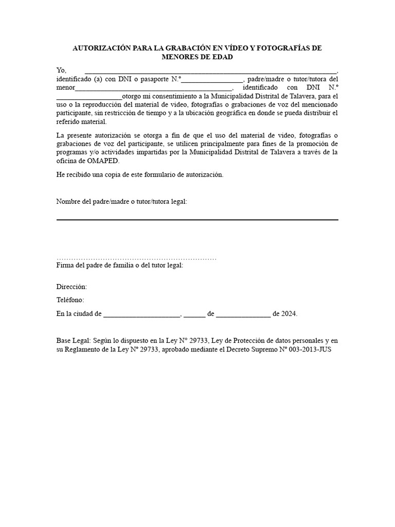 Autorización para La Grabación en Vídeo y Fotografías de Menores de ...
