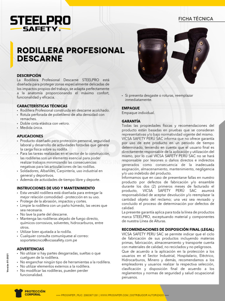 Ficha Técnica Rodillera Profesional Descarne | PDF