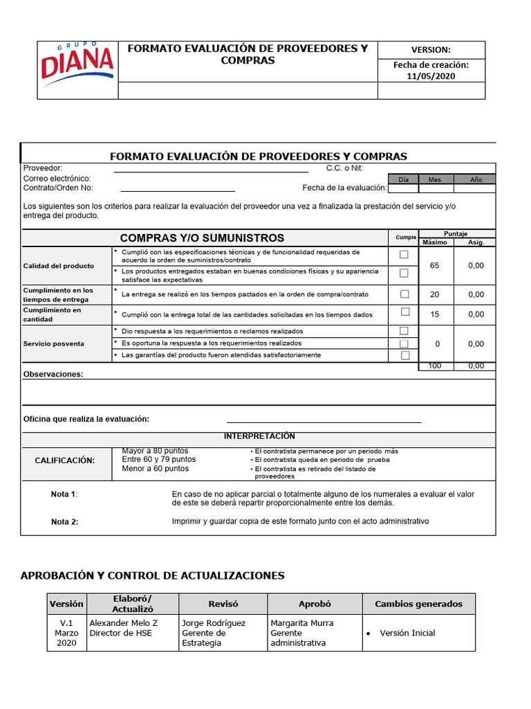 Formato Evaluacion de Proveedores y Contratistas | PDF Formato Evaluacion de Proveedores y Contratistas | PDF