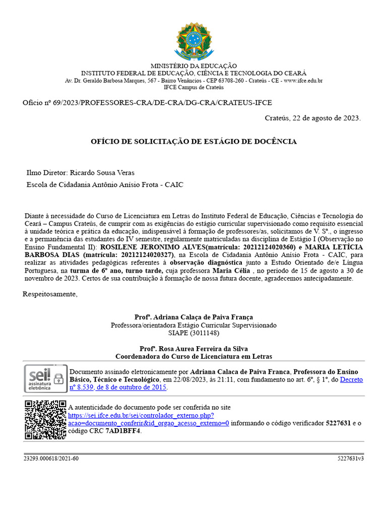 SEI - IFCE - 5227631 - Ofício Maria Letícia e Rosilene, Caic | PDF