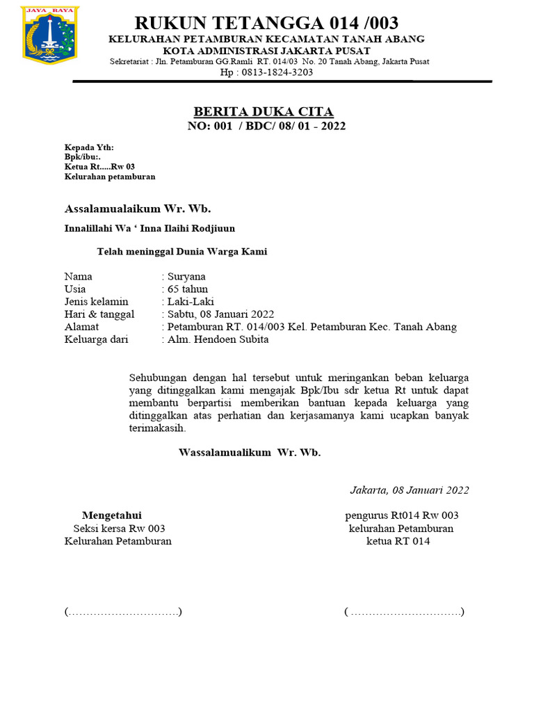 Surat Berita Duka Cita | PDF