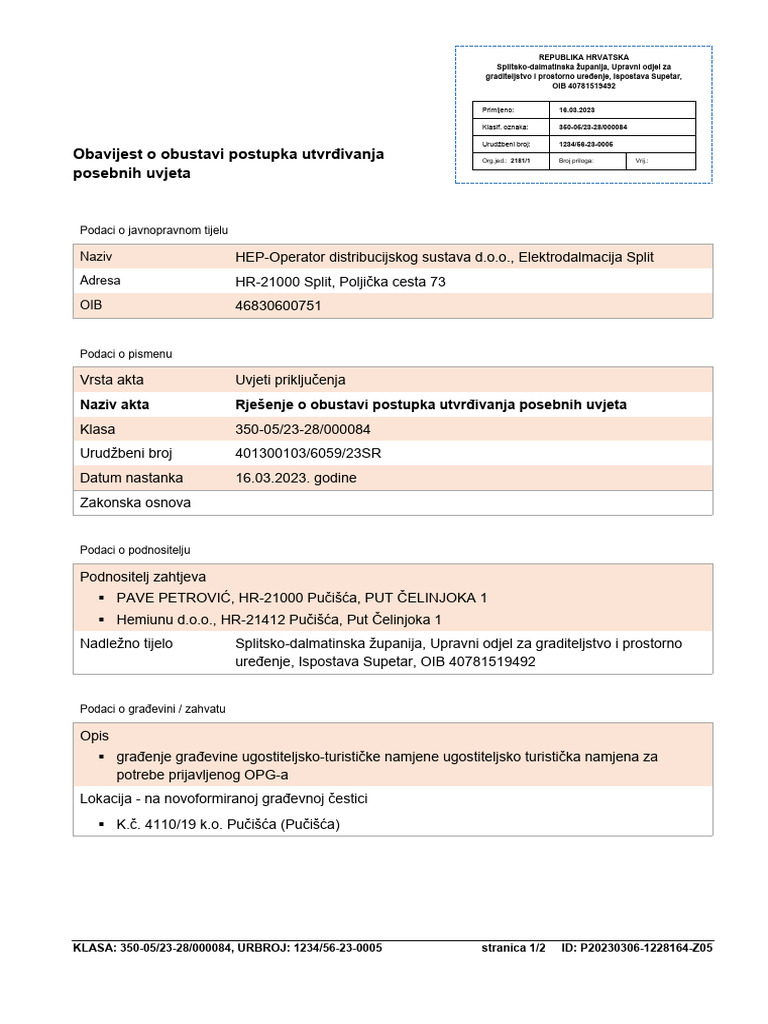 Rješenje o Obustavi Postupka Utvrđivanja Posebnih Uvjeta | PDF