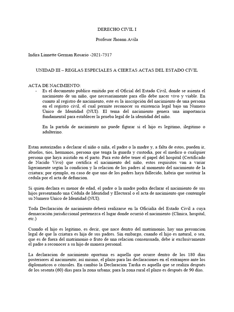 Derecho Civil I - Unidad Iii - Reglas Especiales A Ciertas Actas Del Estado Civil | PDF ...