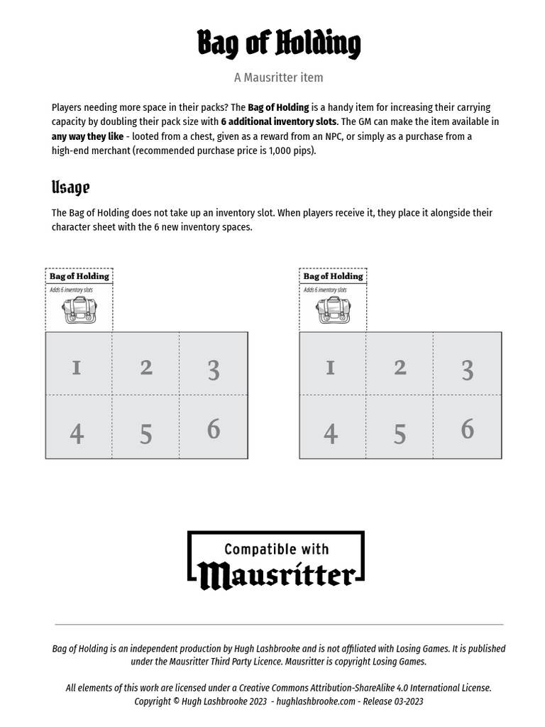 Bag of Holding - A Mausritter Item | PDF
