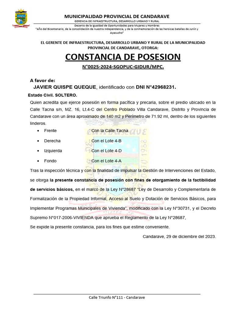Constancia de Posesion | PDF