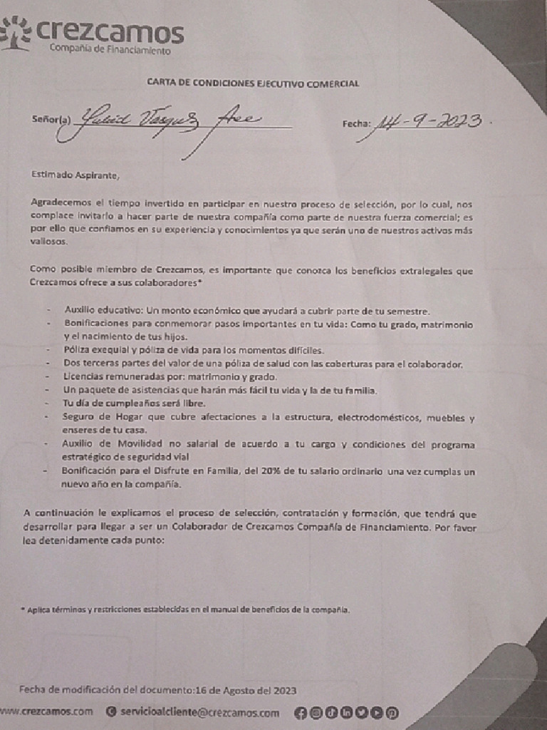 CARTA DE CONDICIONES YULIED VASQUEZ | PDF