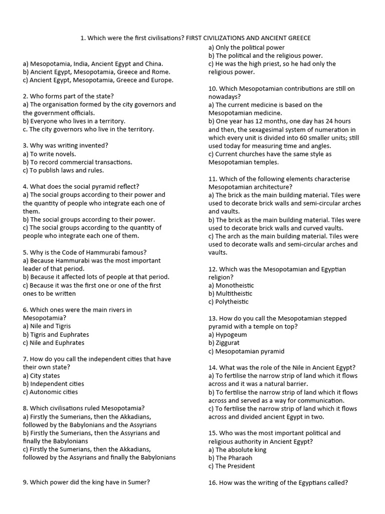 Ancient Civilizations Greece Questions Pdf Mesopotamia Babylonia