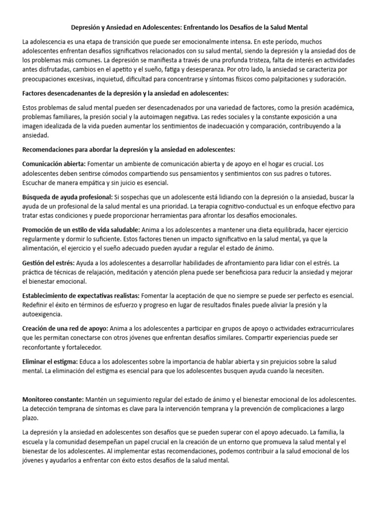 Ansiedad y Cortadas en Adolescentes | PDF | Depresión (estado de ánimo ...