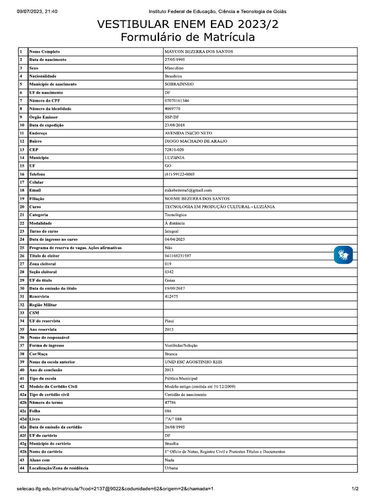Formulário de Matrícula IFG | PDF