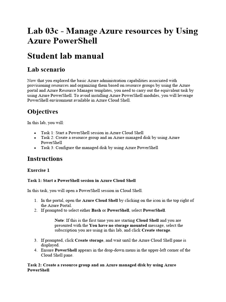 Lab 03c Manage Azure Resources By Using Azure Powershell Pdf Microsoft Azure Cloud Computing