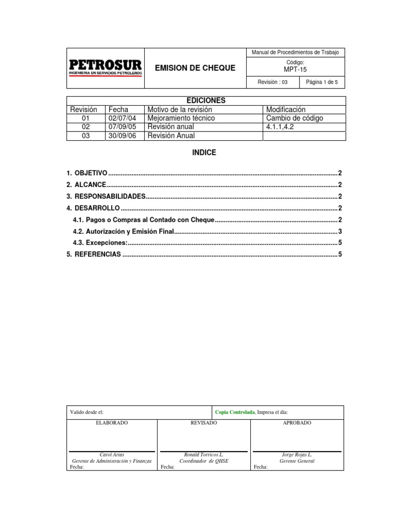 MPT-15 EMISION DE CHEQUE Rev 3 | PDF | Cheque | Contabilidad