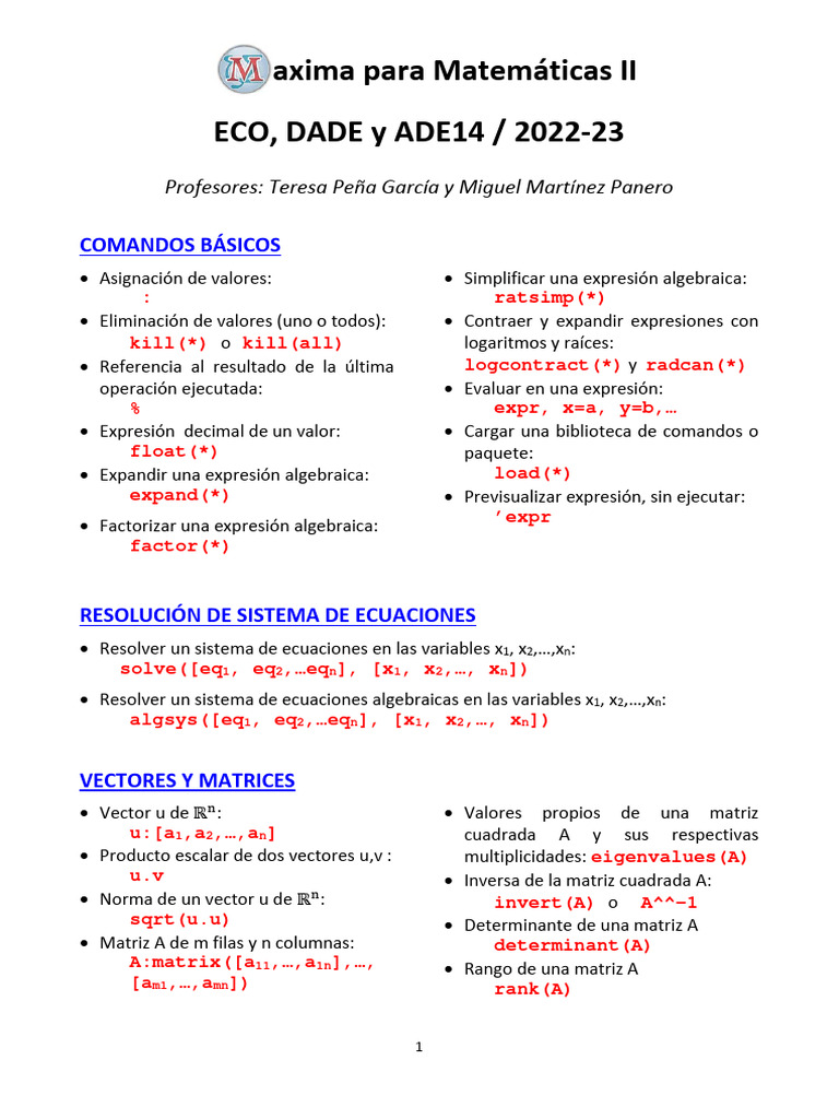 Comandos Maxima - ECO - (D) ADE - 2022-23 | PDF | Valores propios y vectores propios | Matriz ...
