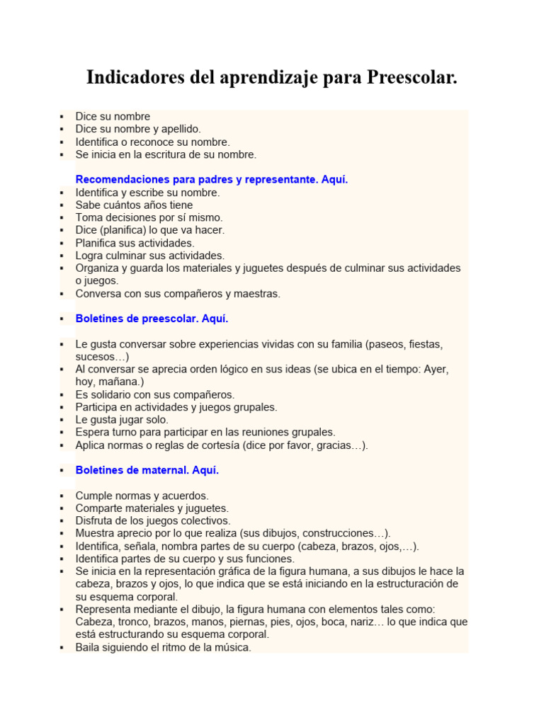 Indicadores Del Aprendizaje para Preescolar | PDF | Educación de la ...