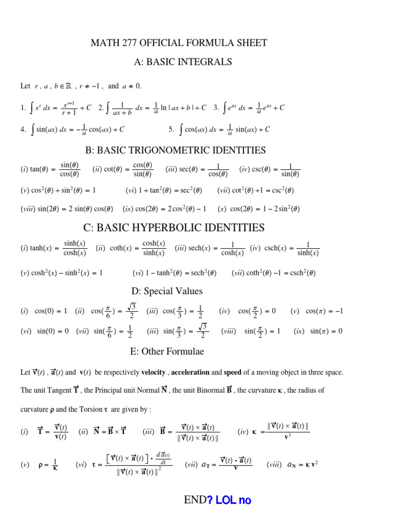 Math 277 Forumla Sheet | PDF | Euclidean Vector | Curvature