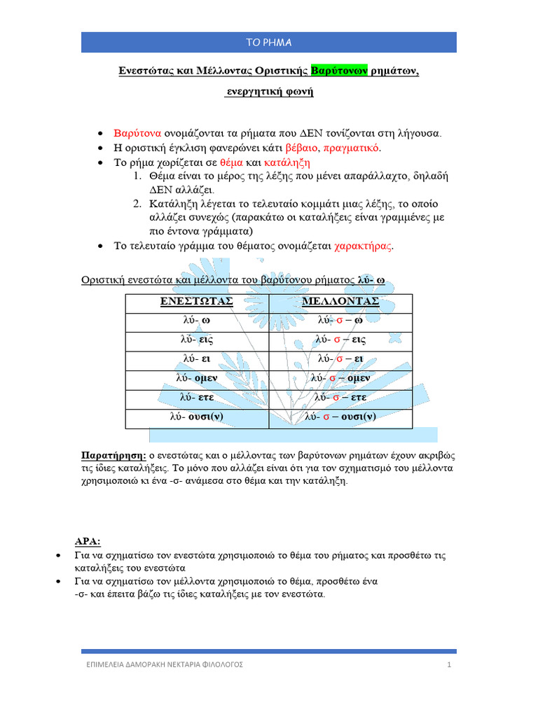 Ενεστώτας και Μέλλοντας Οριστικής Βαρύτονων ρημάτων | PDF