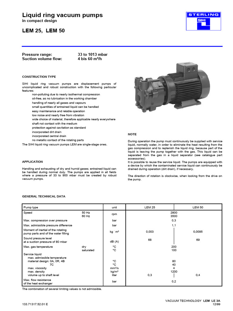 SIHI LEM Liquid Ring Vacuum Pumps | PDF | Pump | Pressure