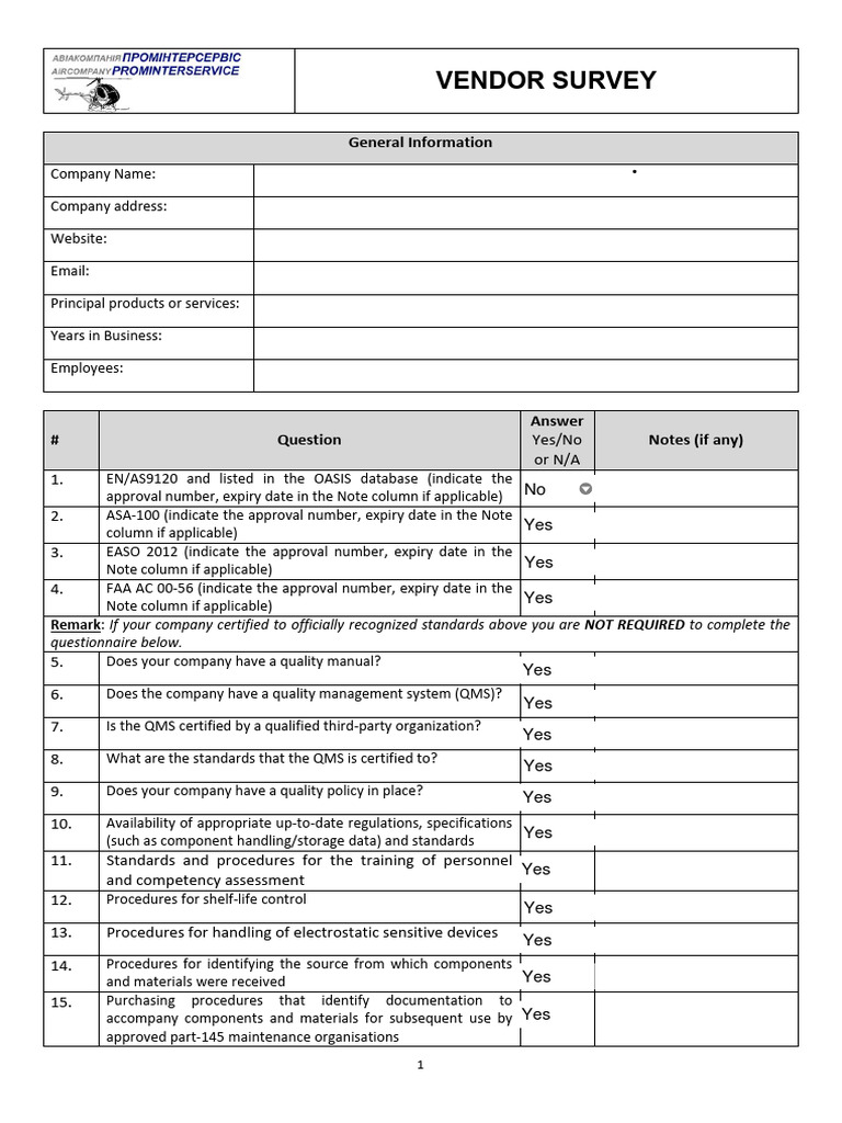 Vendor Quality Assurance Survey Template | PDF | Quality Management ...
