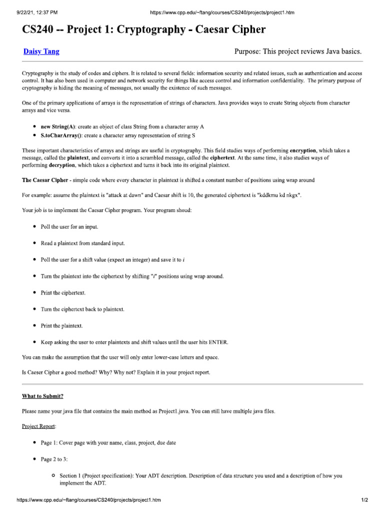 Project 1 - Cryptography - Caesar Cipher | PDF