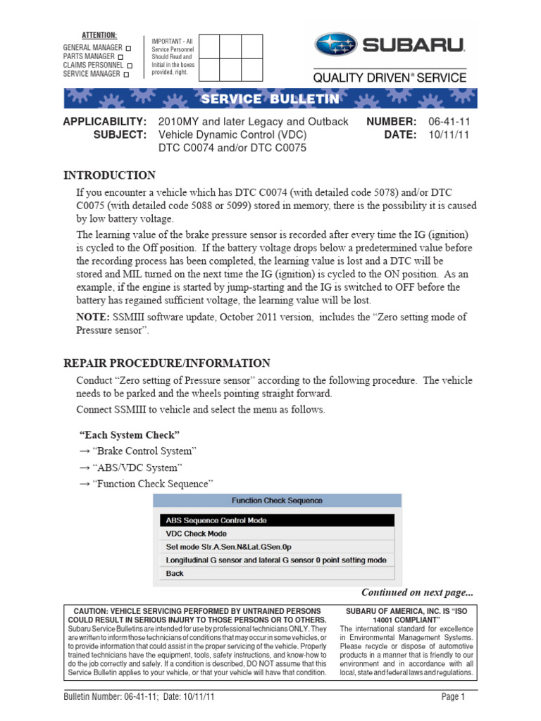 Service Bulletin: NUMBER: 06-41-11 Date: SUBJECT: Vehicle Dynamic Control (VDC) | PDF | Ignition ...