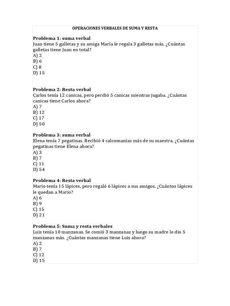 Operaciones Verbales de suma y resta | PDF