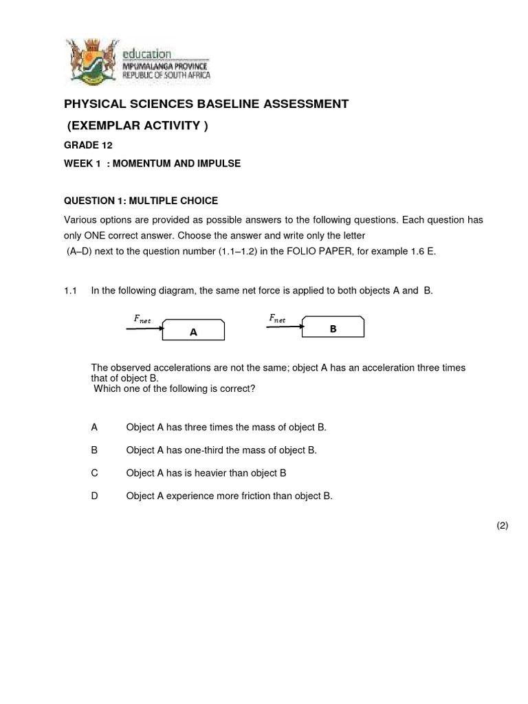 Grade 12 Physical Science Baseline Test | PDF