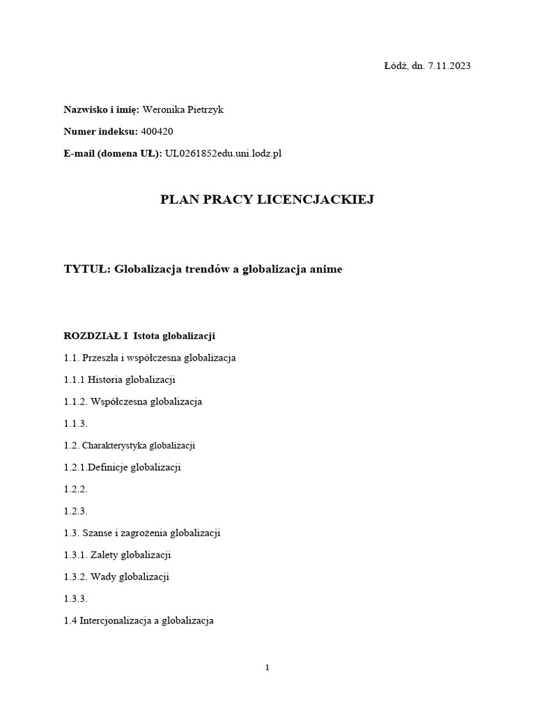 Plan Pracy Licencjackiej | PDF