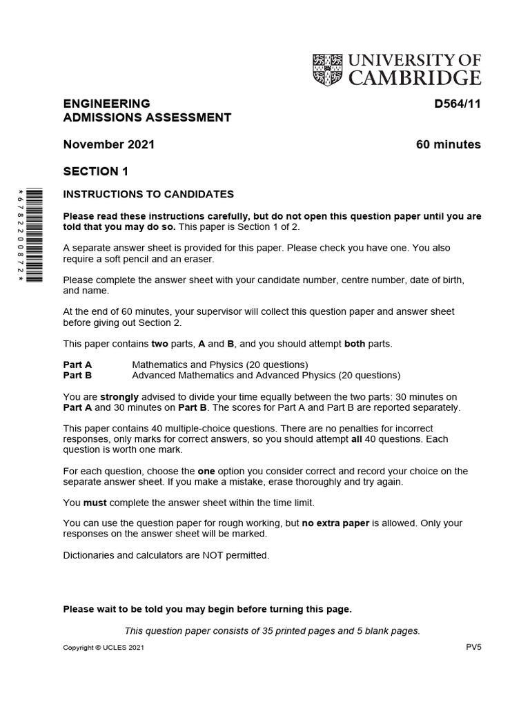 Engineering Admissions Assessment 2021 | PDF | Force | Velocity