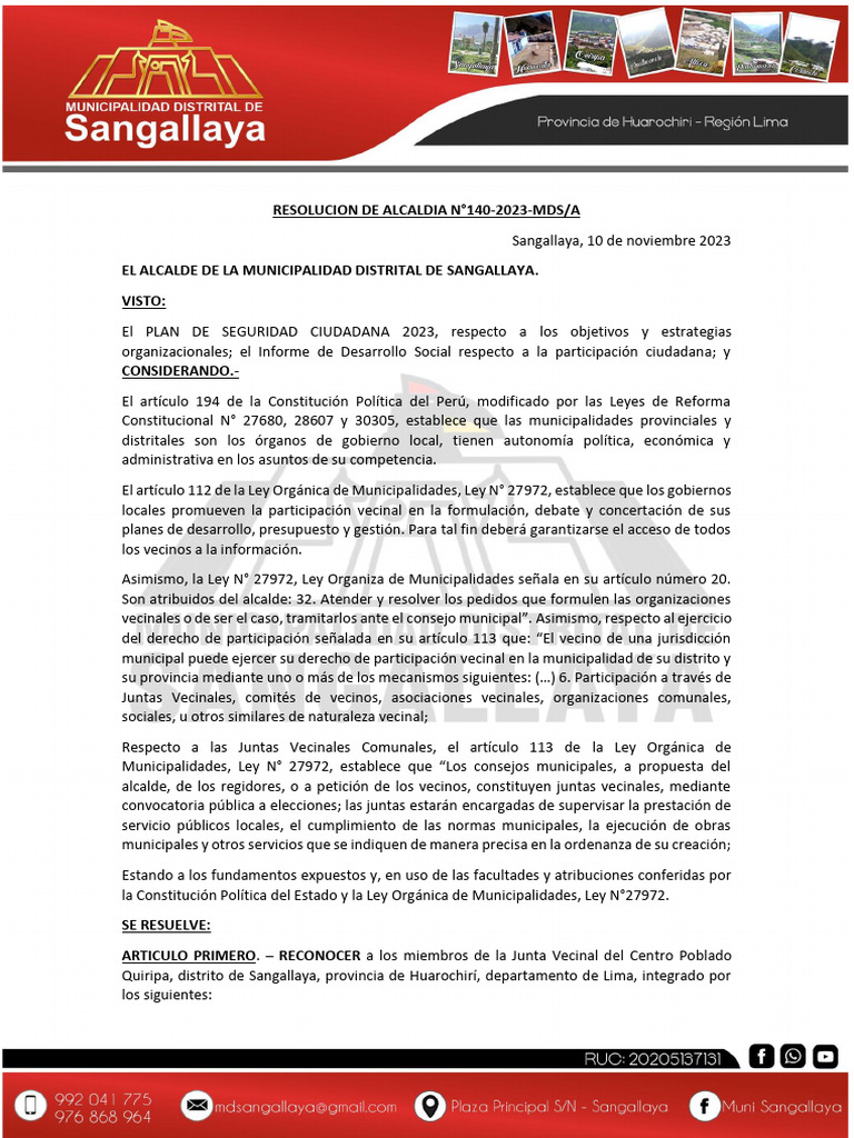Resolucion N°140 Junta Vecinal Quiripa | PDF | Gobierno local | Alcalde