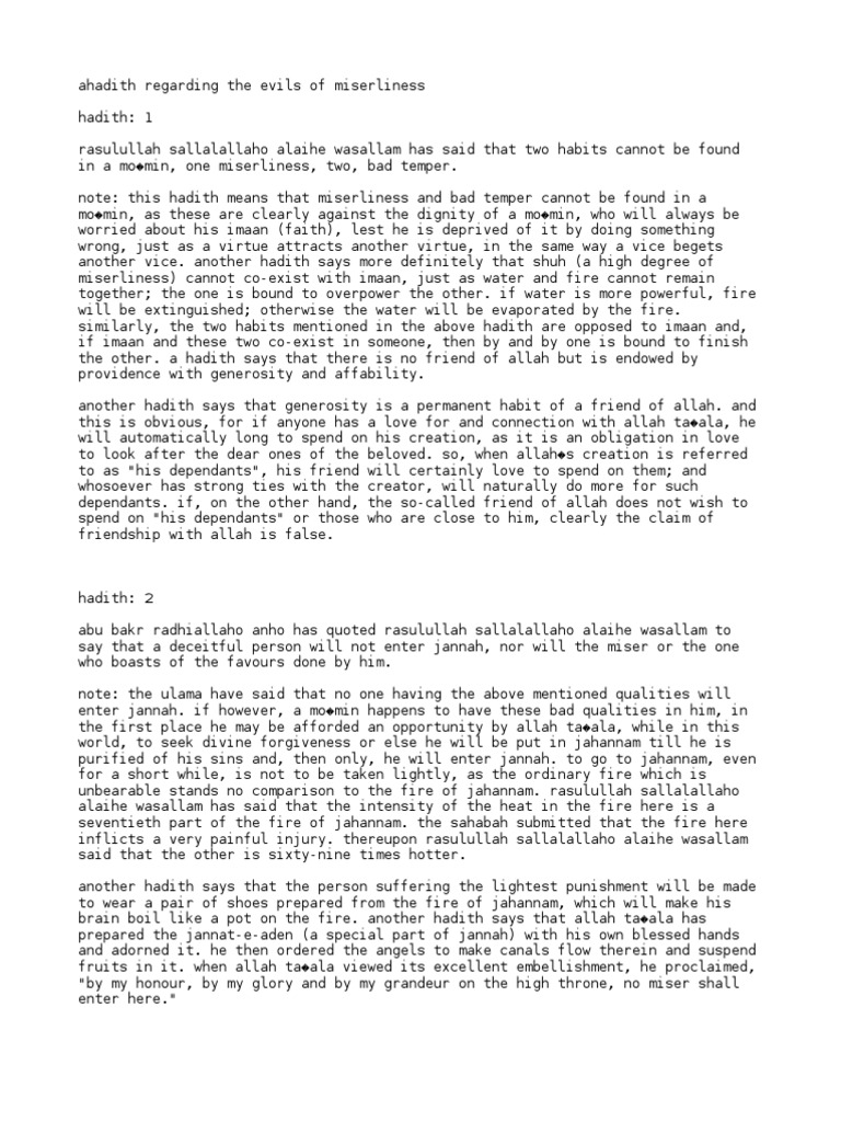 05 Ahadith Regarding The Evils of Miserliness | PDF | Hadith | God In Islam